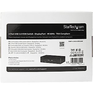 StarTech.com 2 Port DisplayPort KVM Switch - 4K 60Hz - Single Display - Dual Port UHD DP 1.2 USB KVM Switch with Integrated USB 3.0 Hub & Audio-Dell HP Apple Lenovo-TAA Compliant (SV231DPU34K), Black