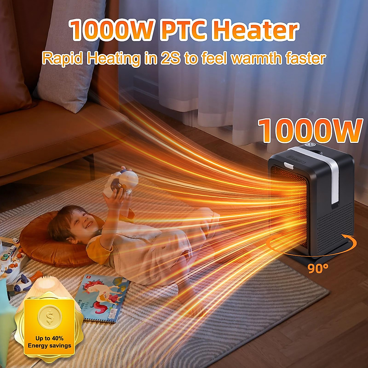 ZTAB Space Heater Indoor use, 1000W PTC Ceramic Electric Heater indoor with Remote, 90°Oscillating, Fast Safety Heater, Portable Desk Heater for Bedroom, Office, Home, Black