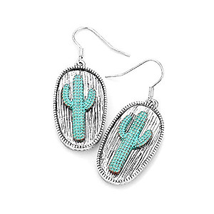 Liavy's Two Tone Metal Cactus Fashionable Earrings - Fish Hook - Silver Burnished