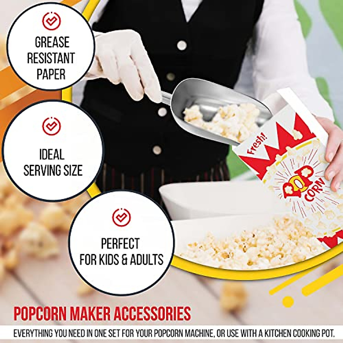 200 Popcorn Bags, Popcorn Machine Supplies Set, 1 oz Grease Resistant Paper, Popcorn Bags for Popcorn Machine, Grease Resistant, Carnival Themed, Made in The USA