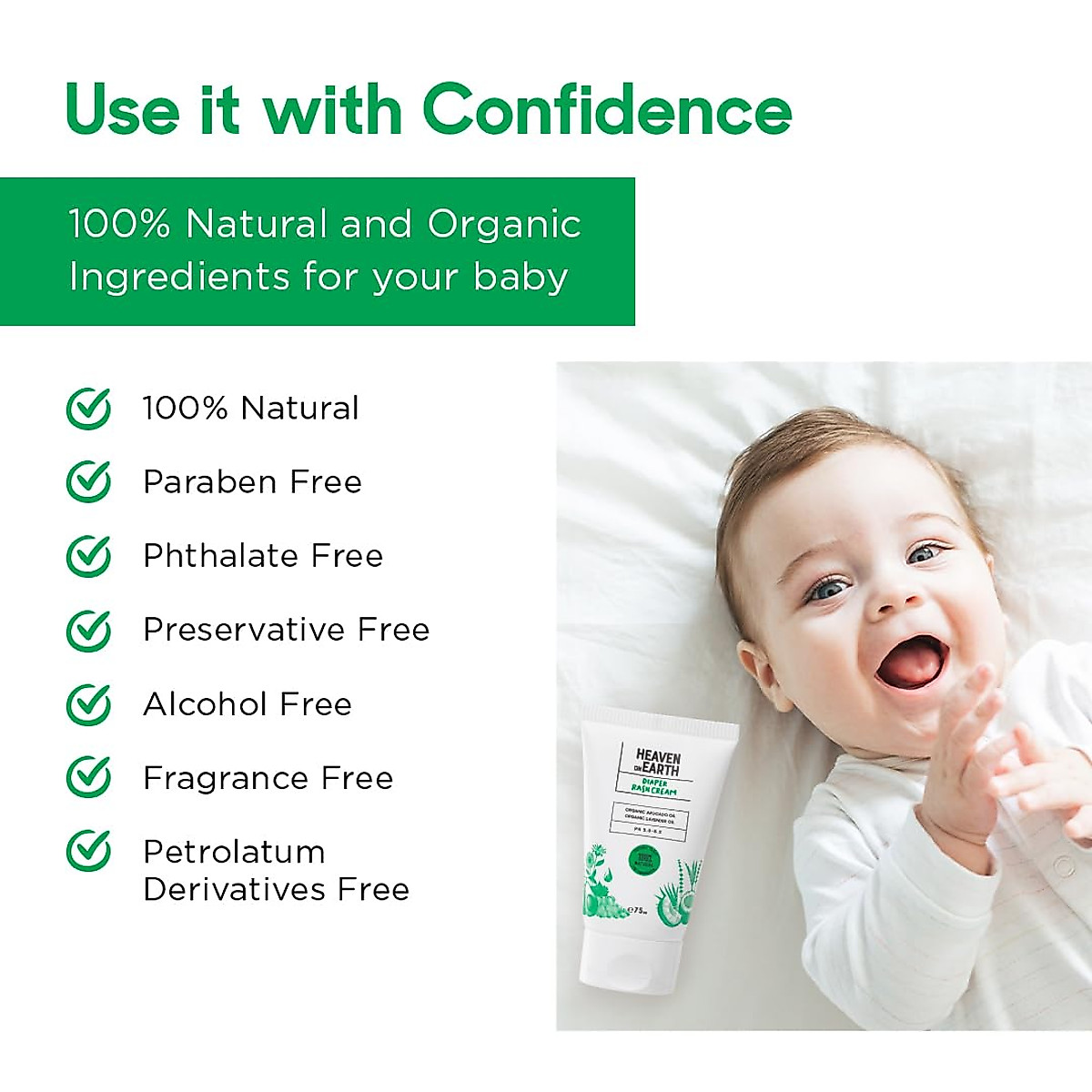 Heaven on Earth- 100% Natural and enriched with organic ingredients Diaper Rash Cream, Free of Phtalate, Paraben, Parfum, 100% Plant Based Diaper Rash Cream, 2,6 Oz