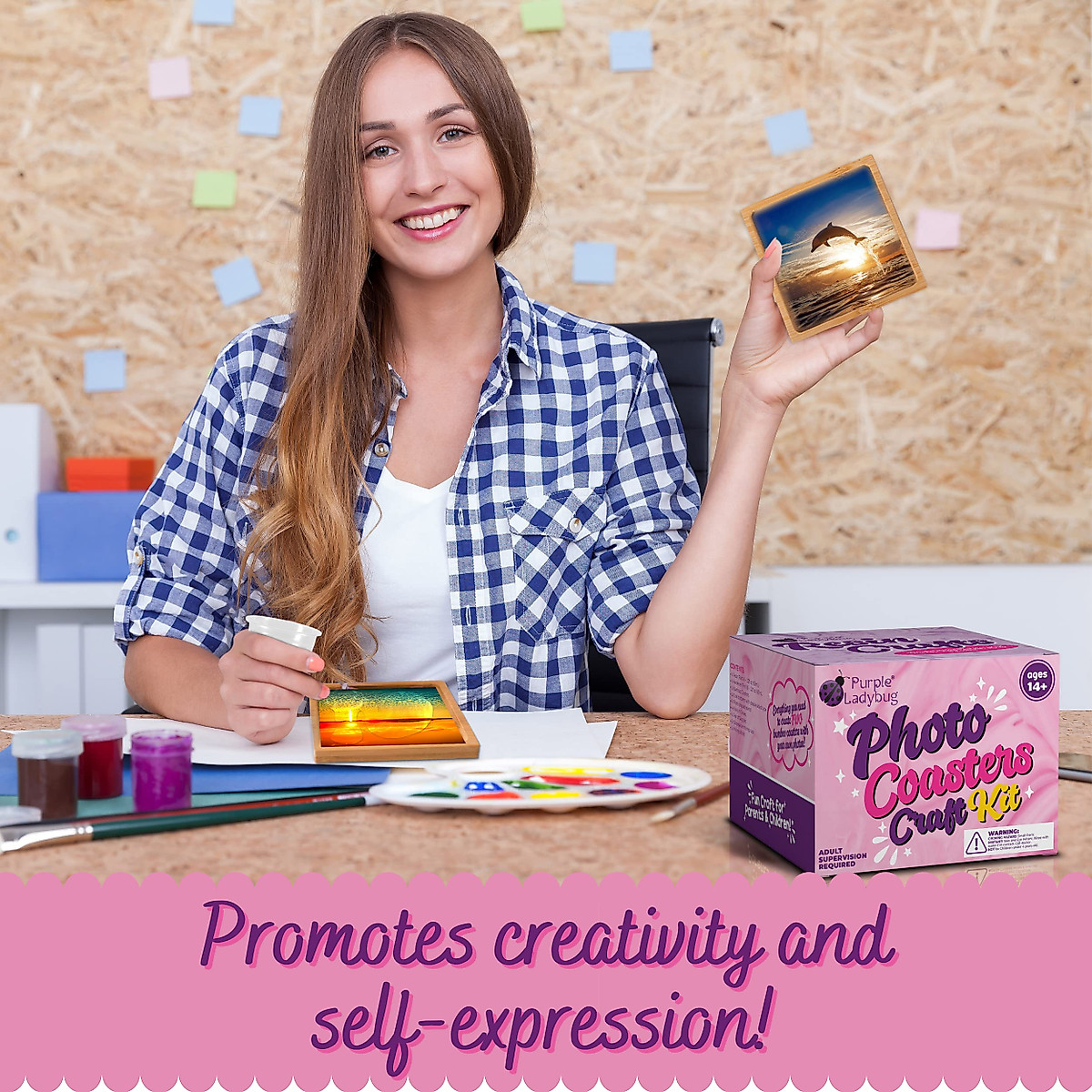 PURPLE LADYBUG Make Your Own Photo Coasters Craft Kit - Unique Personalized Gifts for Dad, Grandpa or Gifts for Teenage Girls - Crafts for Teens & Adults, Fun Things for Teen Girls