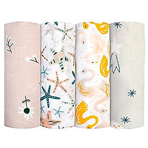 Swaddle Blanket Neutral 100% Cotton Luxury Muslin for Newborns Baby Girls and Boys Blue Beige Starfish