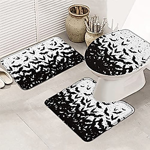 Fancyine 3 Pieces Bath Rugs Sets Halloween Spooky Flying Bats Soft Non-Slip Absorbent Toilet Seat Cover U-Shaped Toilet Mat for Bathroom Decor Black White