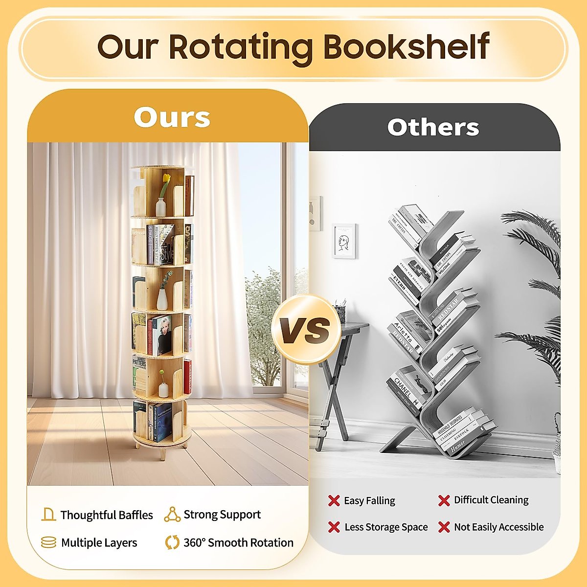 NOPTEG Rotating Bookshelf, 6 Tier Solid Wood 360 Display Floor Standing Bookcase Storage Rack, Free Standing Wood Bookcases for Kids&Adults Multi-Functional Bookshelf Organizer