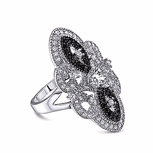 Art Deco Style Black White CZ Filigree Wide Fashion Statement Armor Full Finger Ring For Women Silver Plated Brass