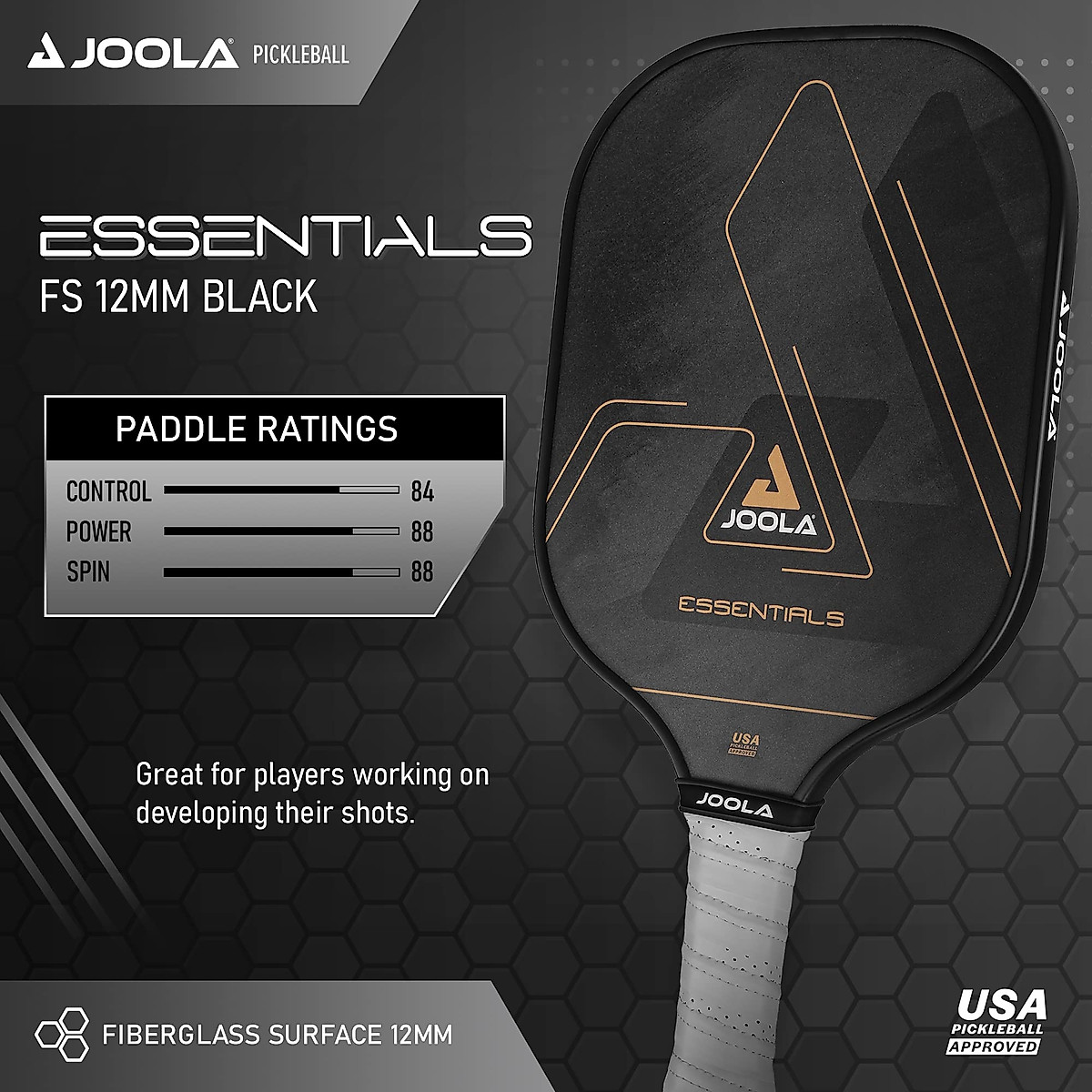 JOOLA Essentials Performance Pickleball Paddle with Reinforced Fiberglass Surface and Honeycomb Polypropylene Core, Black