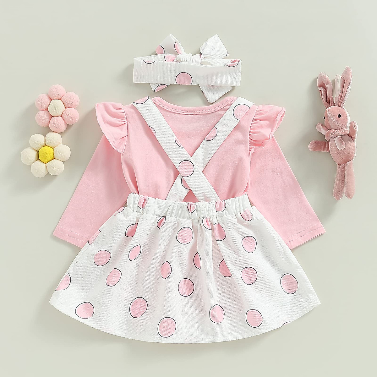 KOSUSANILL Easter Baby Girl Outfit Ruffle Long Sleeve Romper Bunny Suspender Skirt Geometry Dress My First Easter Outfit (Pink, 3-6 Months)