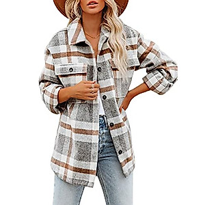 Beaully Women's Brushed Plaid Shirts Long Sleeve Flannel Lapel Button Down Pocketed Shacket Jacket Coats 6017 Khaki Medium