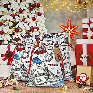 Londonchristmas Drawstring Gift Bag, Linen Drawstring Gift Bag, Reusable Drawstring Gift Bag, Used For Christmas, Birthday, Wedding Supplies