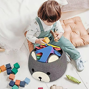 W Design Round Bear Toy Basket, Rope basket,Cute Animal Baby Basket Organizer With Handles For Toys, Blankets, Towels, Baby Shower, Handmade Gift Baskets Empty - 19 D X 13 H