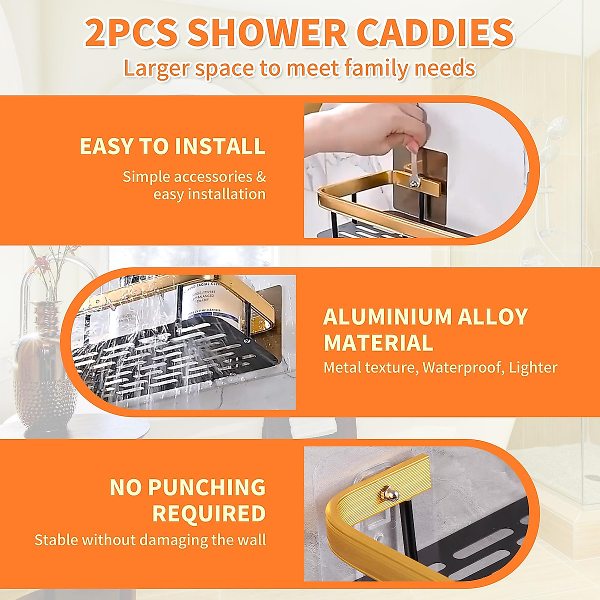 Self-Adhesive Shower Caddies Shelf Organizer Rack Wall Organization and Storage Bathroom Shelves Wall Mounted Organizer Shelves Rack Bathroom Decor Sets Spice Rack Shower Organizer, 2Pcs Black Gold