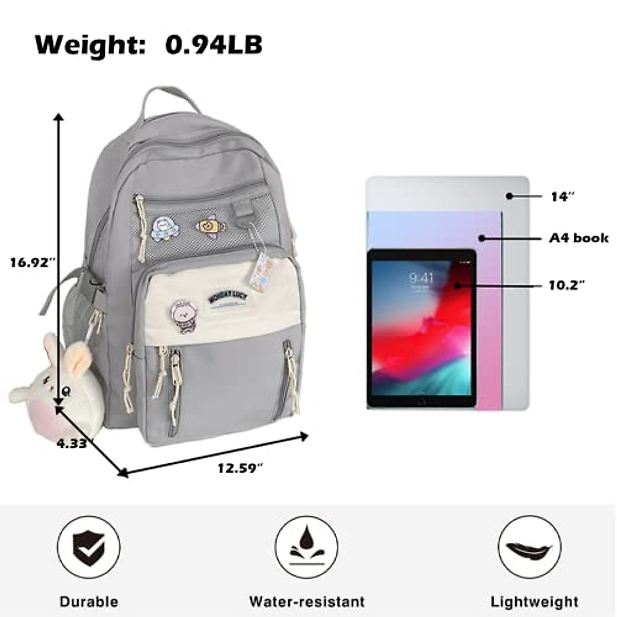 HIQUAY Kawaii Basic Backpack Cute Rucksack for Teen Girls Aesthetic Student Bookbags with Pendant and Lots of Pockets for School (Grey)