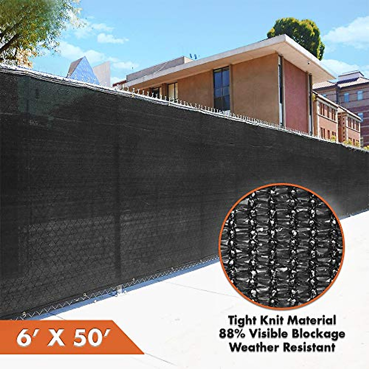 6' x 50' Wind Privacy Screen Fence (Set of 2-100' Long), Commercial Grade Fabric Mesh with Durable Grommets, Black | 180GSM