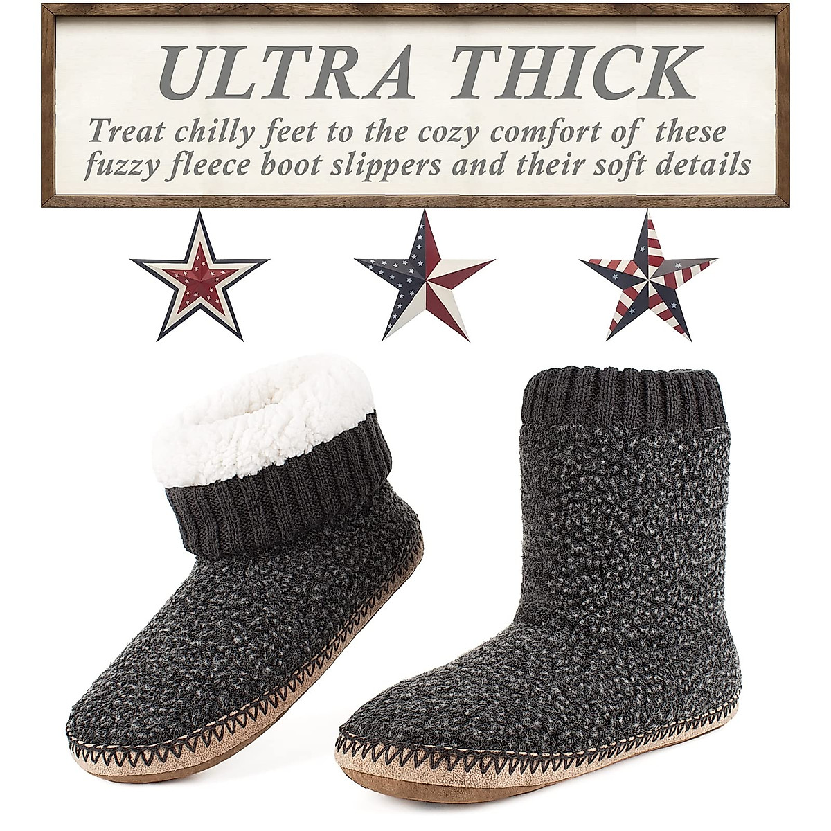 Men's Warm Up House Boots, Thick Fuzzy Sherpa Fleece Winter Moccasin Socks Non-slip Soles, Cozy Soft Comfy Indoor Shoes Rubber Grippers