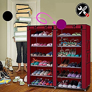 6 Tier Shoe Rack Organizer for 36 Pair Shoes, Double Rows 12 Lattices Free Standing Shoe Cabinet Storage Shelf Holder with Non-Woven Fabric Dustproof Cover,Large Portable Closet Shoe Tower (Wine Red)