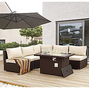 NICESOUL® Luxury High Back Extra Large Size PE Wicker Patio Furniture Sectionals 6 Pcs Outdoor Couch Sets with Fire Pit Table CSA Approved Espresso