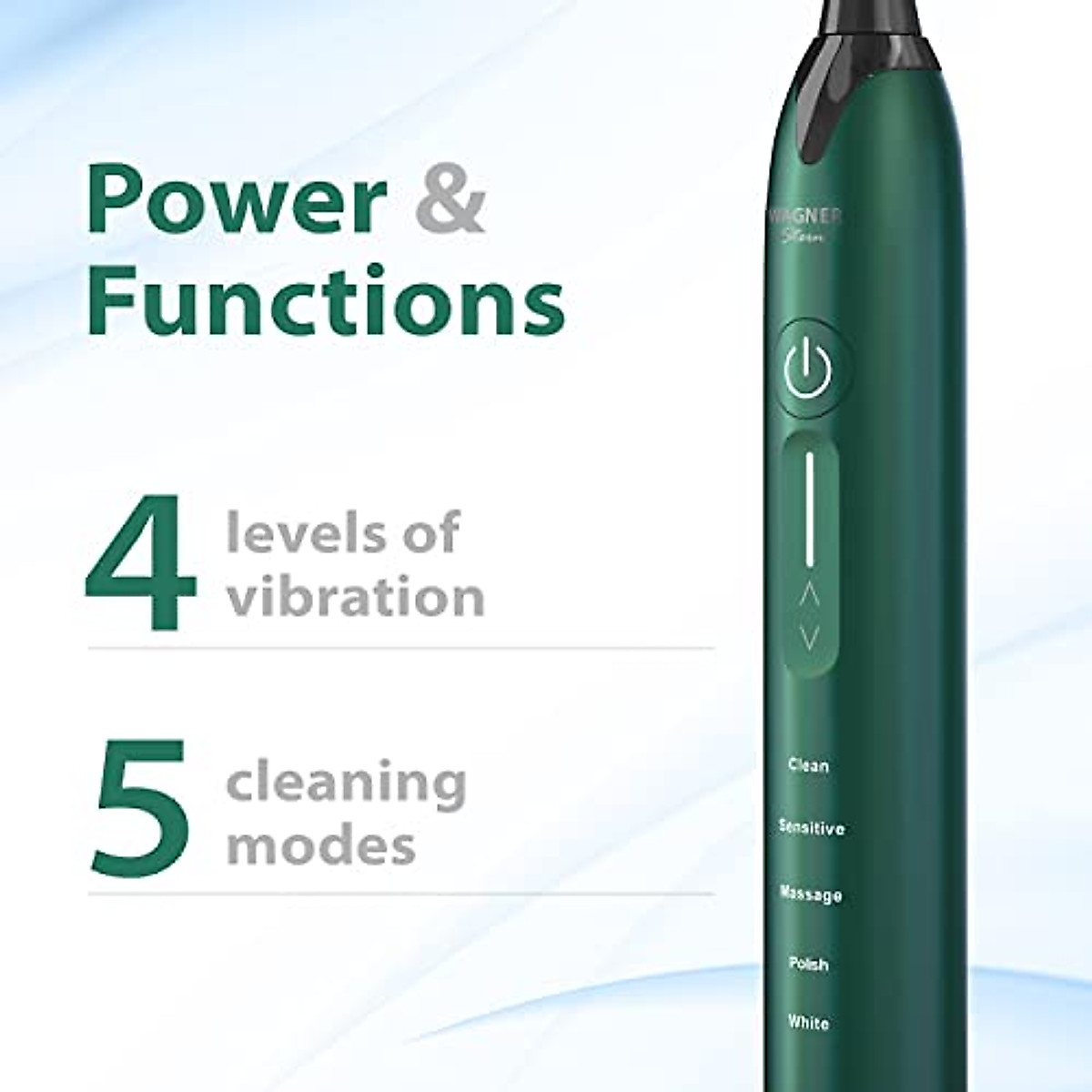 Wagner Stern Ultrasonic whitening Toothbrush with Pressure Sensor. 5 Brushing Modes and 4 Levels of Intensity, 8 Soft bristles, Travel case.