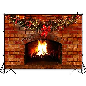 COMOPHOTO Christmas Fireplace Backdrop for Photography 7x5ft Red Brick Fireplace Decorations for Xmas Party Photo Background Pictures Studio Props