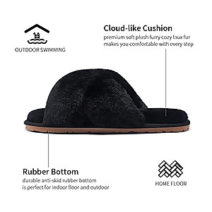 Vepose Women's Cross Band Slippers, Soft Plush Furry Open Toe Fur Slippers, 801 - Black, Size 8,8.5,9 US - Fuzzy Fluffy Slip on House Shoes Indoor Outdoor (CJY801 Black 08&09)
