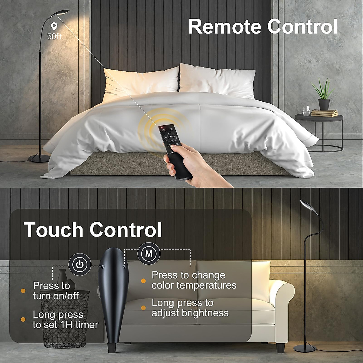 OUTON LED Floor Lamp, 12W 1080LM, Dimmable Adjustable Gooseneck Standing Lamp with 4 Color Temperature, Remote & Touch Control, 1H Timer, Memory Function for Reading Living Room Bedroom Office (Black)