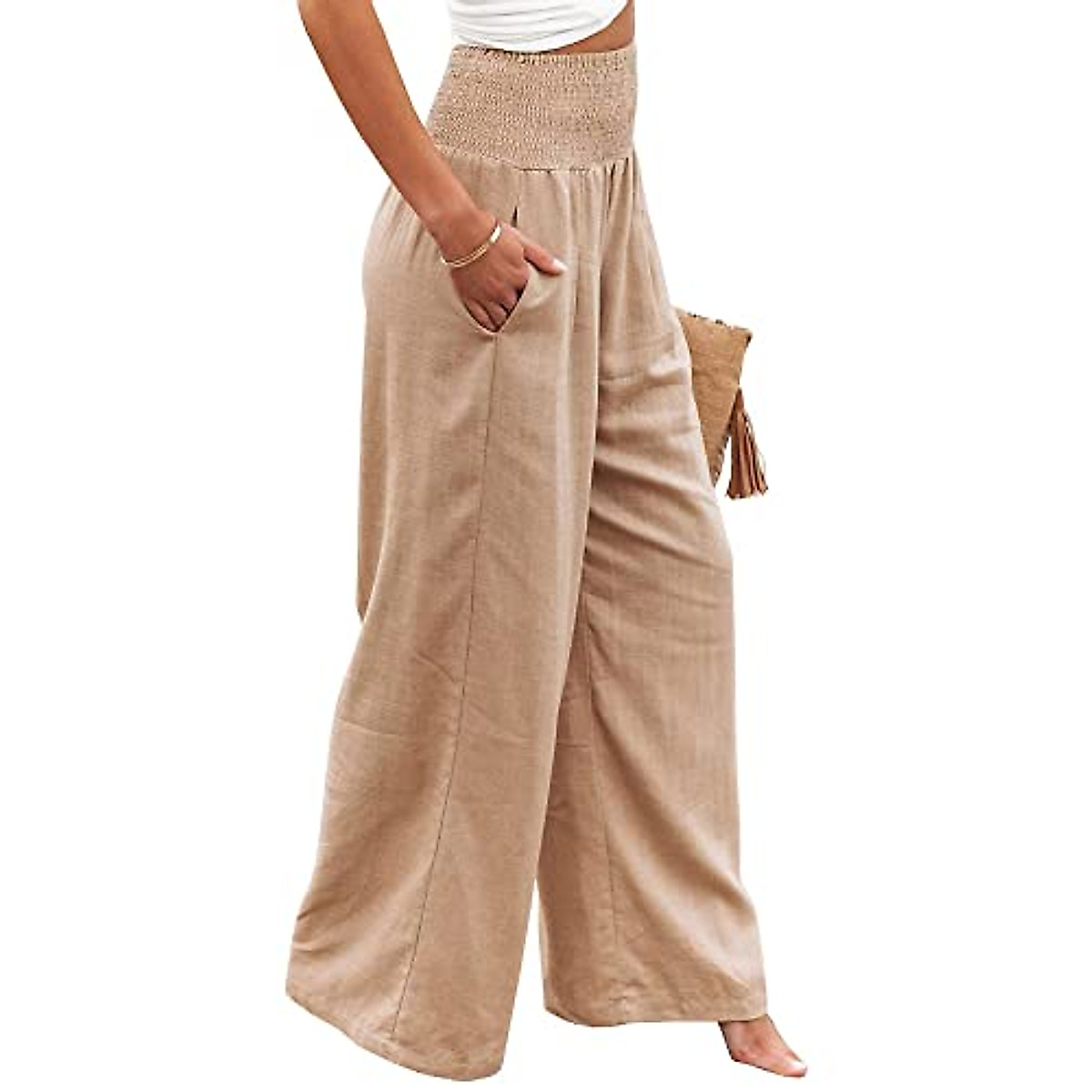 LIORAITIIN Women Cotton Linen Pants Elastic High Waist Loose Wide Leg Palazzo Lounge Sport Yoga Trousers with Pockets (Khaki, Large)