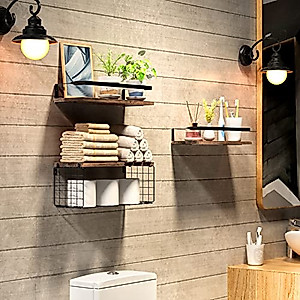 Floating Shelves Wall Mounted Set of 3, Rustic Wood Wall Shelves for Wall Decor Bathroom Shelves Over Toilet with Paper Storage Basket for Home Decor, Laundry Room Storage Shelves (Carbonized Brown)