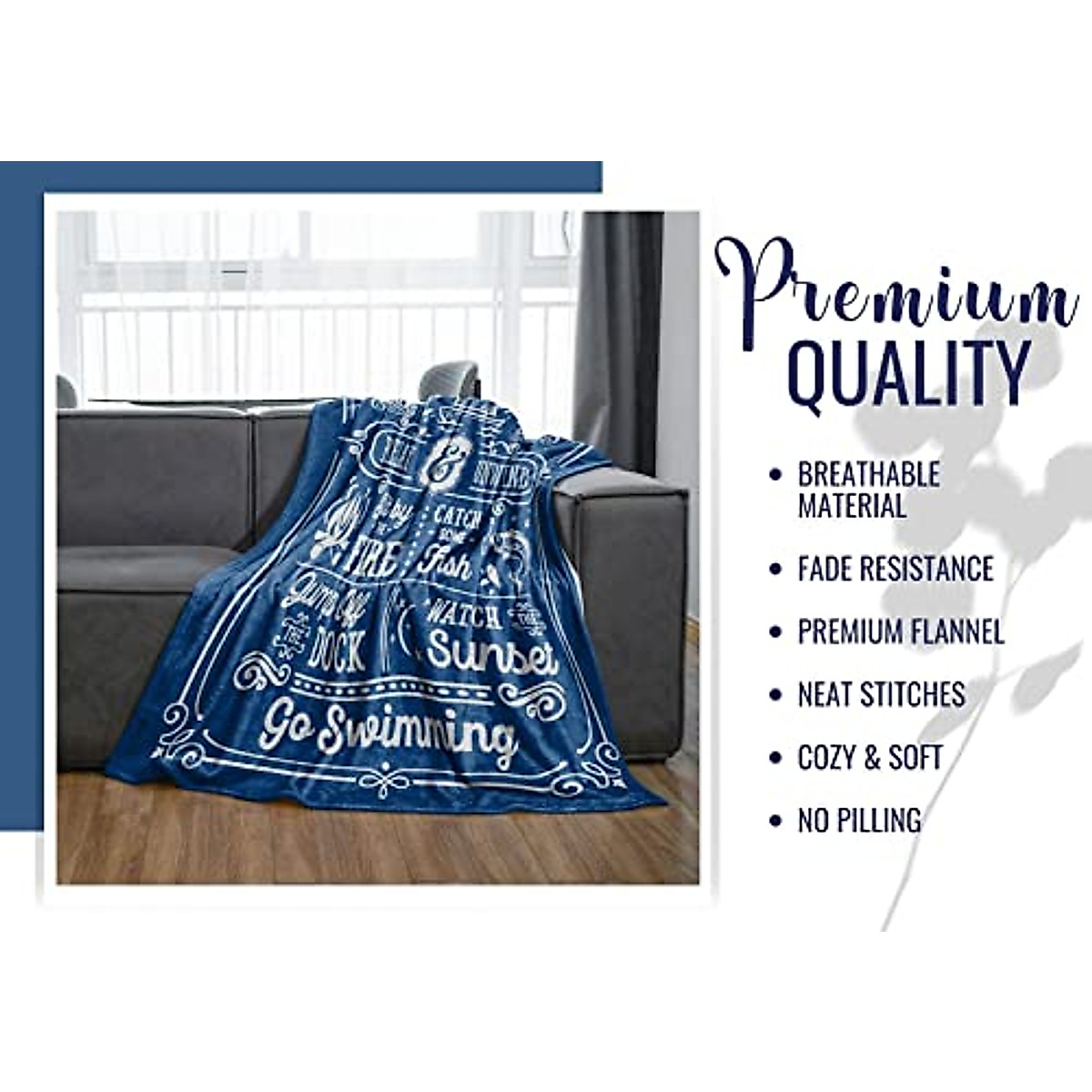 Lake House/Life Gifts Throw, Flannel Blanket for Women Men, 50" x 65" - Funny Lake Rules Quotes - Boating/Fishing Gifts - House Decor Decorations for Home Porch Bed Sofa Room