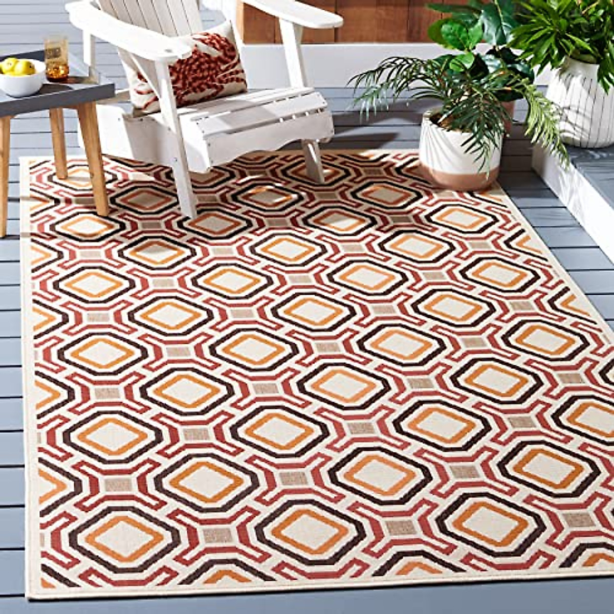 SAFAVIEH Veranda Collection 2'7" x 5' Cream / Red VER089 Modern Indoor/ Outdoor Non-Shedding Easy--Cleaning Patio Backyard Porch Deck Mudroom Area--Rug