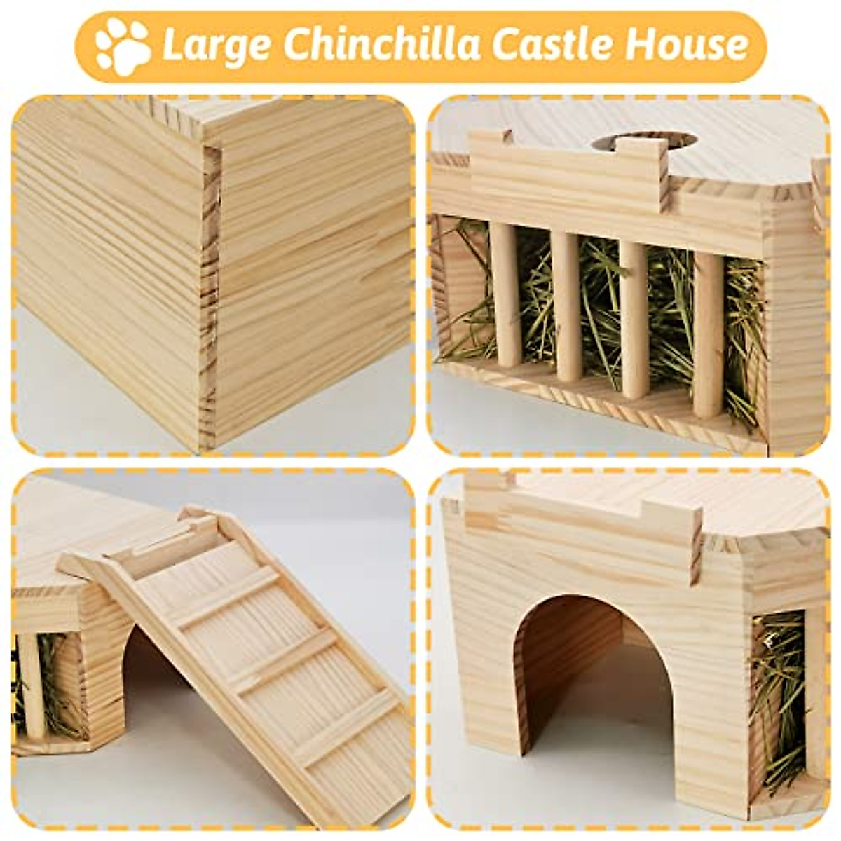Fhiny Guinea Pig Wooden Castle with Hay Holder, Ventilated Chinchilla Hideout with Feeding Bowl Ladder, Small Animal Multi Chamber Hideaway for Young Guinea Pigs Chinchillas Hedgehogs