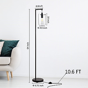 RORIANO Industrial Floor Lamp, Modern Standing Lamp with Hanging Clear Glass Shade, Farmhouse Rustic Tall Pole Lamp with Foot Switch for Living Room Bedroom Office, LED Bulb Included (Black)