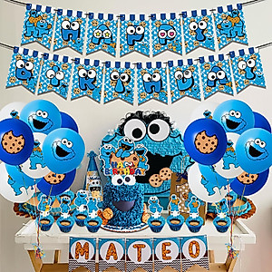 46 Pcs Cartoon Cookies Birthday Party Supplies Includes Happy Birthday Banner Cake&Cupcake Toppers Balloons for Boys Girls Baby Shower Monster Theme Party Decoration