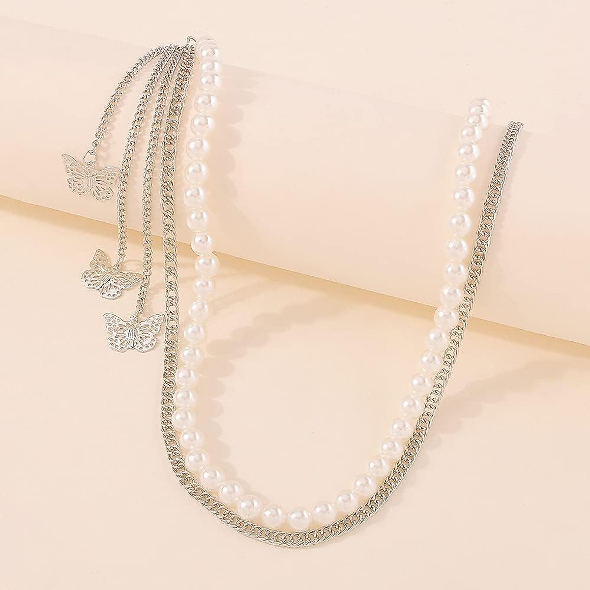 Wiwpar Punk Trouser Chain Pocket Chain Pearl Butterfly Jean Pants Belt Chains Waist Belly Body Chain Silver for Women and Girls