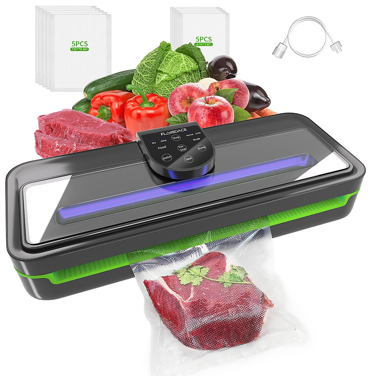 Vacuum Sealer Machine, 10-in-1 Upgraded Powerful Vacuum Sealer for Food, 85Kpa Fully Automatic Lock, See-through Glass Cover, with 10 Bags, Vacuum Sealing Hose, Built-in Cutter, Removable Drip Tray