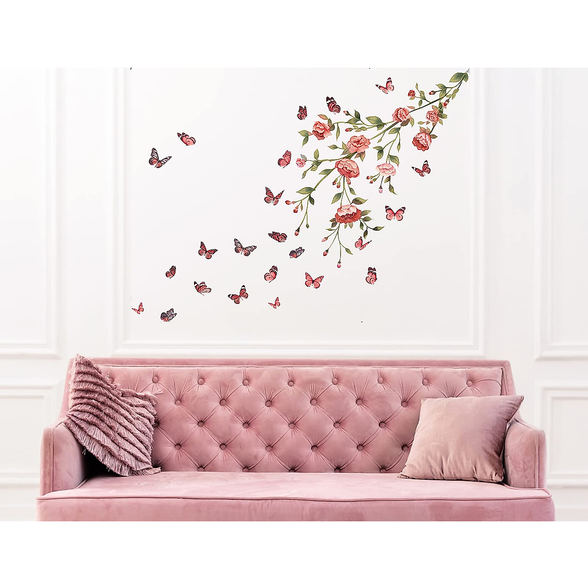 Cute Peony Flower Wall Decals Pink Rose Floral Wall Decals Butterfly Wall Stickers Removable Peel and Stick for Kids Room Bedroom Living Room Garden Backyard Wall Decoration