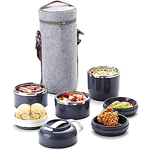 Cute Bento Stackable Lunch Box with Flatware Set Stainless Steel Lunch Containers Leakproof Food Container Insulated Lunch Bag for Adults Women Men (Gray, 3-Tier)