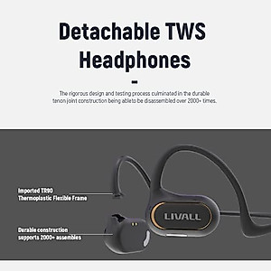 LIVALL LTS21 - Open-Ear Headphones - Air Conduction Detachable Wireless Sport Earphones for Workouts and Running Built-in Mic for Music, Phone Call, Lightweight Safer and Comfort - Midnight Black