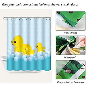 EARVO Cute Yellow Duck Taking Bath Shower Curtain 4Pcs Bath Sets with Non-Slip Rugs U-Shaped Mat Toilet Lid Cover for Kids Baby Bathroom Decor 71x72 inches Polyester Fabric 12 Hooks SETMYEA34