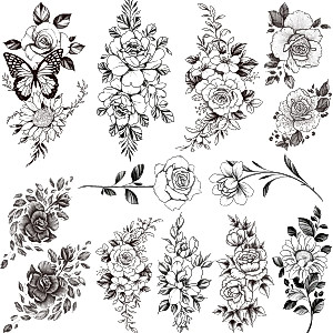Tazimi 10 Sheets 3D Black Flower Rose Temporary Tattoos For Women, Waterproof Fake Body Art Arm Sketch Tattoo Stickers For Women Girls