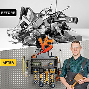 Havenfly Power Tool Organizer Wall Mount with Power Strip, 6 Drill Holder, Heavy Duty Metal Drill Storage Shelf with 8 Hooks, 3 Layer Storage Shelf with 2 Side Pegboards, Ideal Gifts for Men