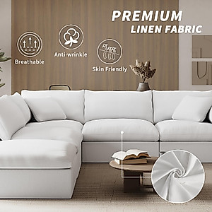 Gtilzria Oversized Modular Sectional Sofa Couch,White Linen Fabric Reversible V Shaped Sofa Couches Cloud Couch with Ottoman, Down Filled Sectional Sofa Corner Couches for Living Room,Apartment