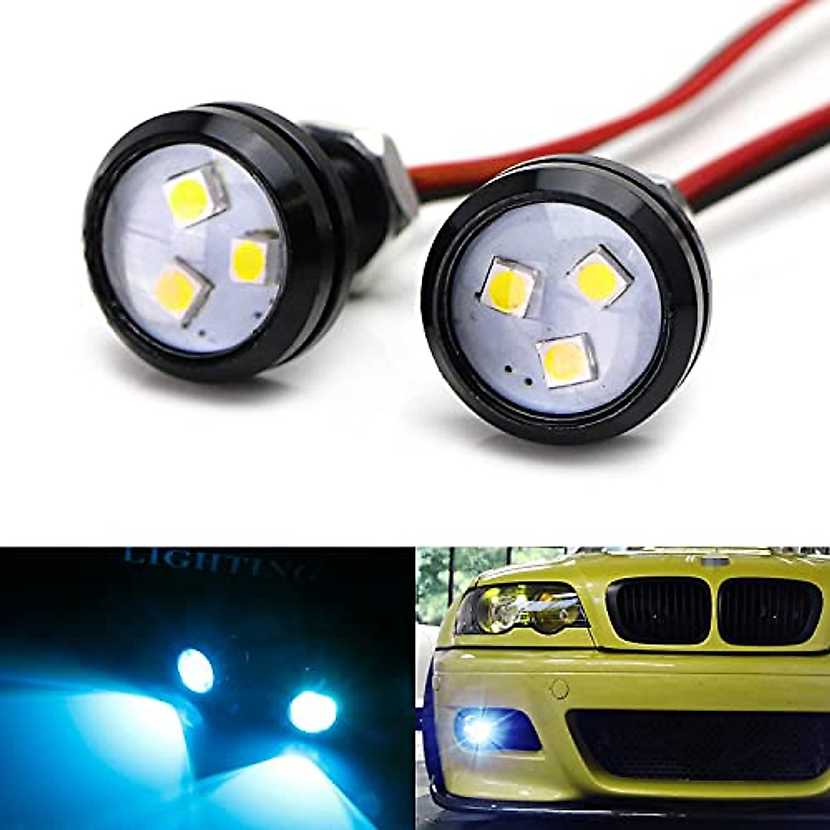 iJDMTOY 2pcs Ice Blue 3-SMD High Power Projector LED Eagle Eye Lights w/Back Bolt-On Screws For Parking Lights, Driving Fogs, etc
