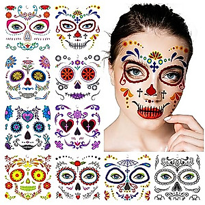 Amaxiu Day of the Dead Face Temporary Tattoos, 10 Sheets Halloween Floral Sugar Skull Temporary Face Tattoos Stickers Makeup Kit on Cheek Eye Forehead Nose Mouth for Halloween Masquerade Party