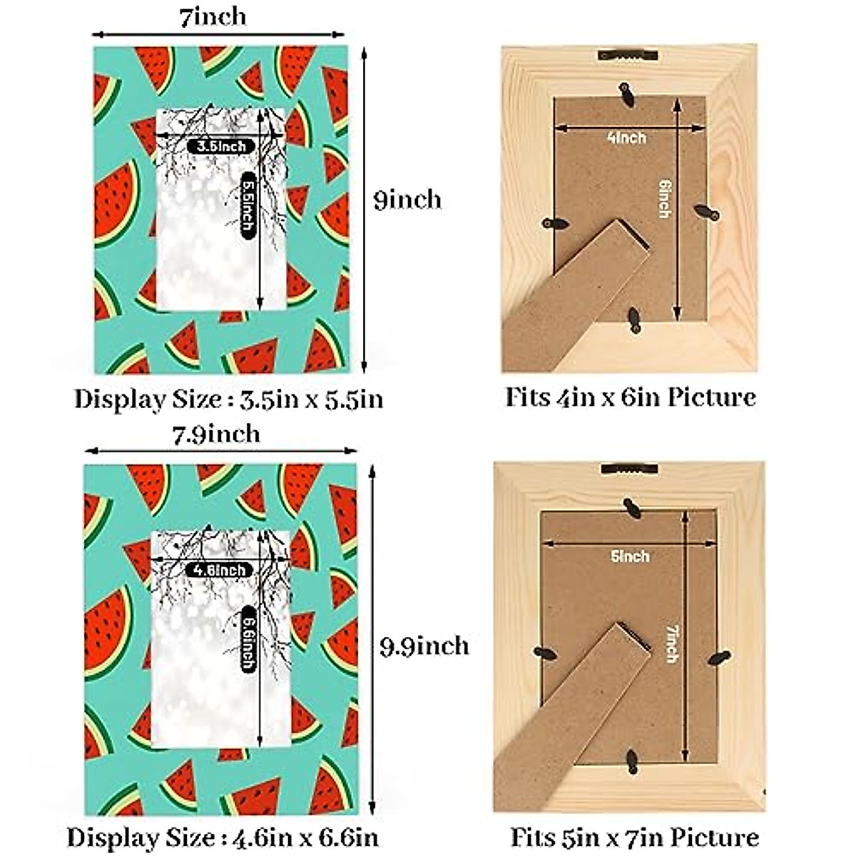 POFATO Watermelon Black Cat 4x6 Picture Frame Wood Photo Frame for Tabletop Display Wall Mount Picture Frame Display 4x 6 Inch Photo Wall Decor Home Gift Frames