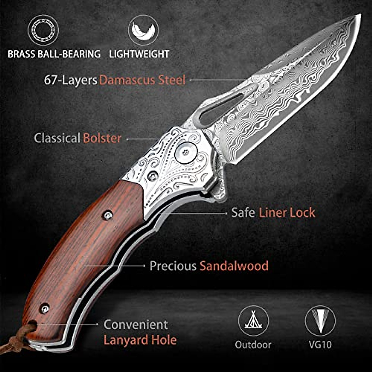 NedFoss Damascus Pocket Knife for Men, 6.5" Handmade Forged VG10 Damascus Steel Folding Knife with Retro Leather Sheath, Sandalwood Handle, EDC Cool Knives for Mens Gift