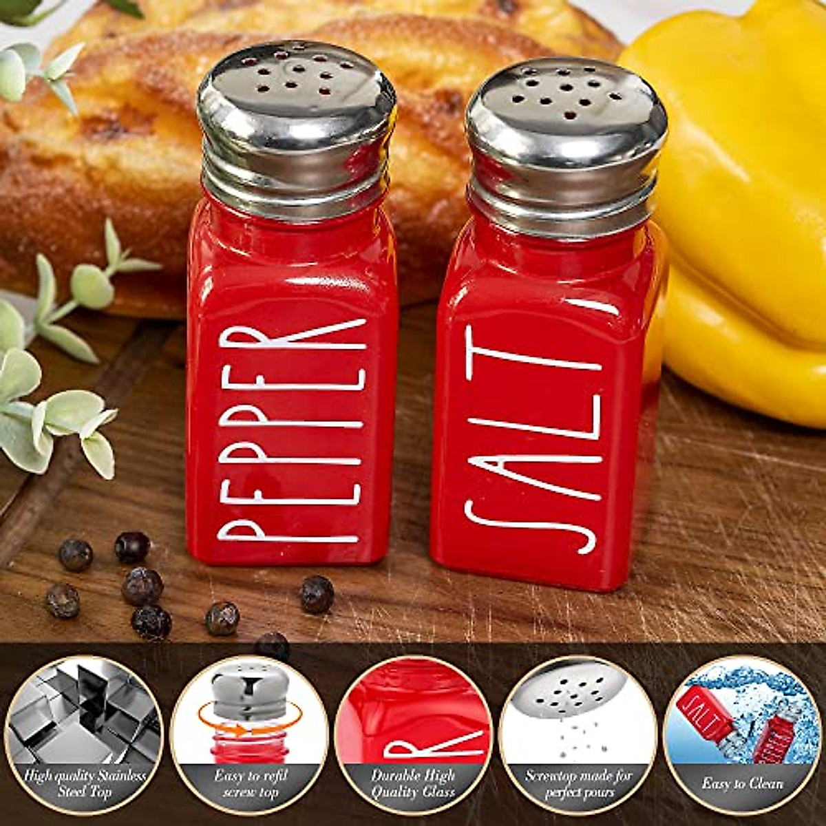Red Salt and Pepper Shakers Set by Brighter Barns - Farmhouse Red Kitchen Decor and Accessories for Home Restaurants Weddings - Cute Modern Glass Christmas Red Shaker Sets & Stainless Steel Lid (Red)