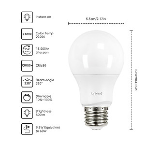 Linkind Dimmable A19 LED Light Bulbs, 60 Watt Equivalent, E26 Base, 2700K Soft White, 9.5W 800 Lumens CRI80+ 120V, UL Listed FCC Certified, Pack of 24