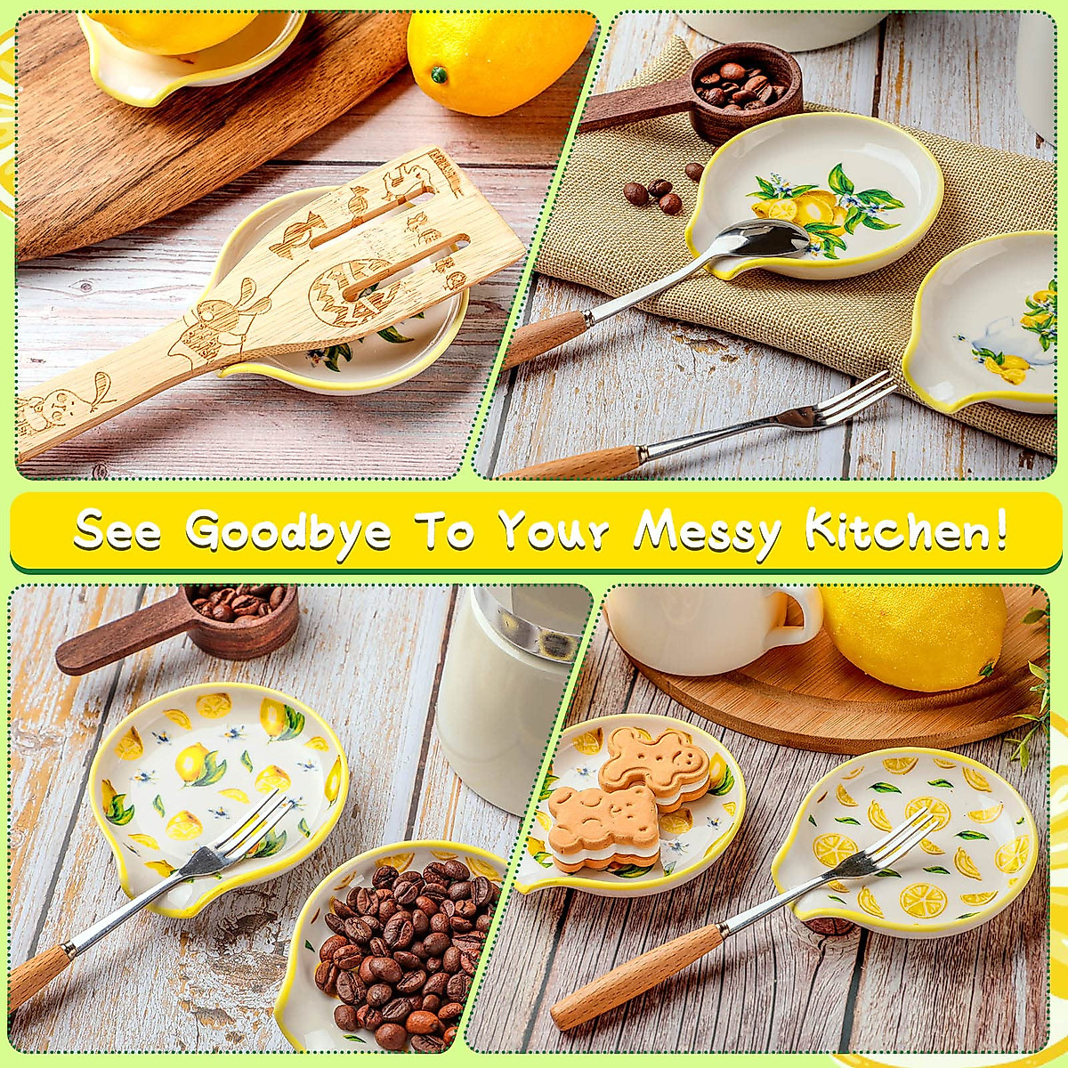 4 Pcs Ceramic Spoon Rest Lemon Spoon Rest for Stove Top Lemon Kitchen Decor Cute Lemon Tea Spoon Rest Farmhouse Housewarming Gifts Cooking Utensil Holder for Kitchen Counter Decoration (Lemon)