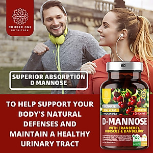 Number One Nutrition Premium D Mannose with Cranberry and Hibiscus [Max Strength, 1350mg] Naturally Supports Urinary Tract Health, Flush Impurities and Bladder Health, 120 Veg Caps