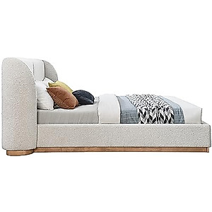 Meridian Furniture JardinCream-Q Jardin Collection Art Deco Queen Bed with Rich Cream Boucle Fabric, Solid Wood Base, Rounded Wing Back Bed, 65.75" W x 90" D x 40.25" H, Cream, Queen